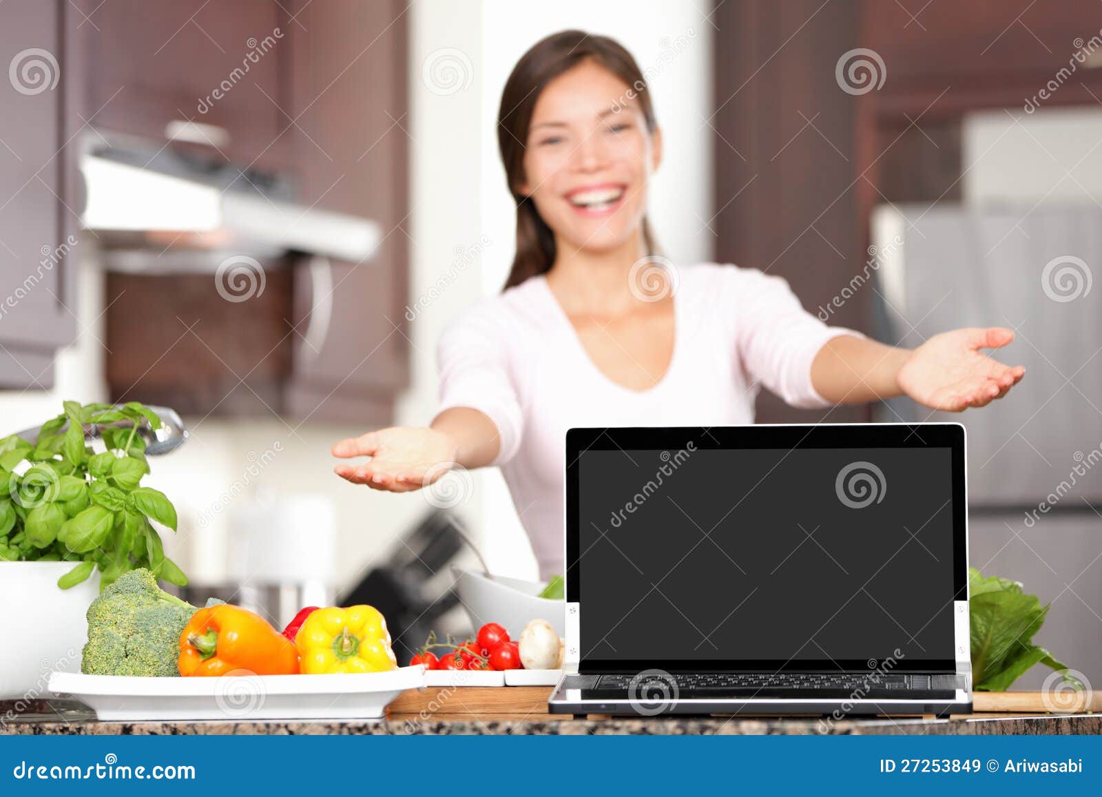 Woman Cooking Showing Laptop in Kitchen Stock Image - Image of dinner ...