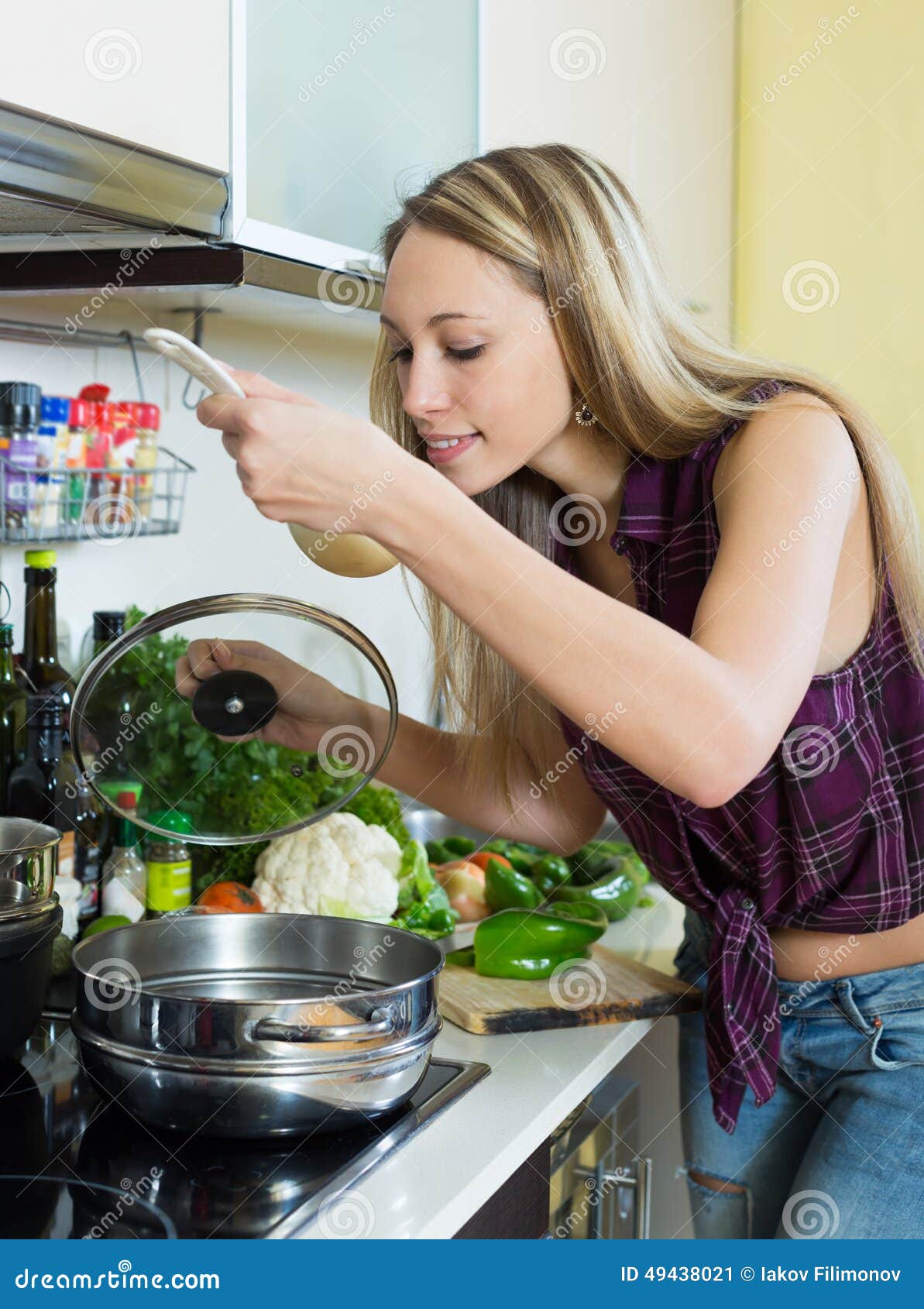 Woman cooking soup stock image. Image of cook, dieting - 49438021