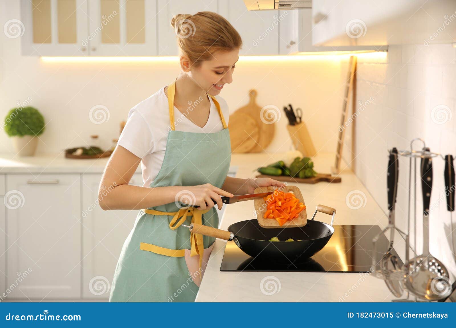 Woman Cooking on Stove in Kitchen Stock Image - Image of food ...