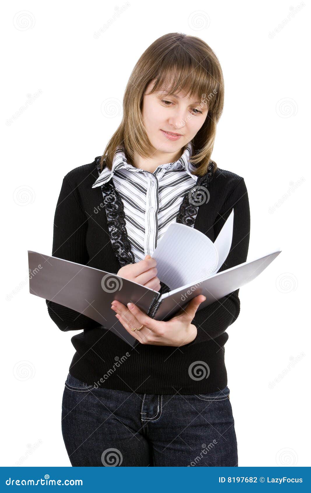 Woman with a Copy-book. Isolated on White Stock Photo - Image of ...