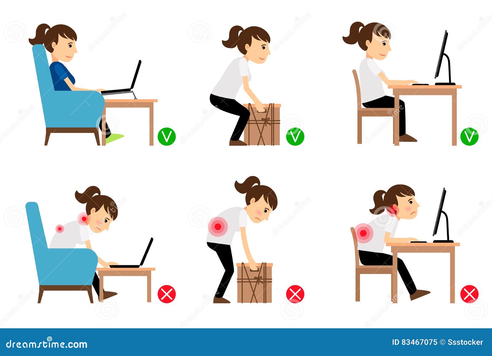 Man And Woman In Correct And Wrong Positions For Spine. Vector ...