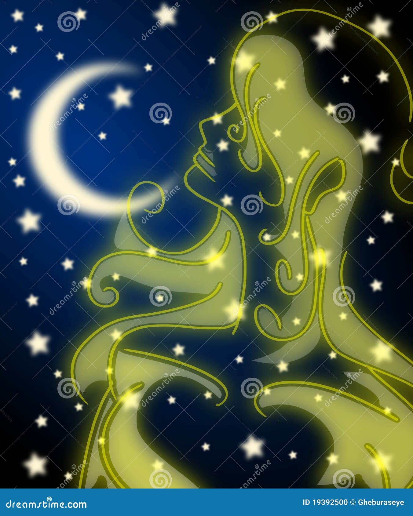 Woman and Cosmos, Blue and Yellow, Night, Art, Femininity. Stock ...