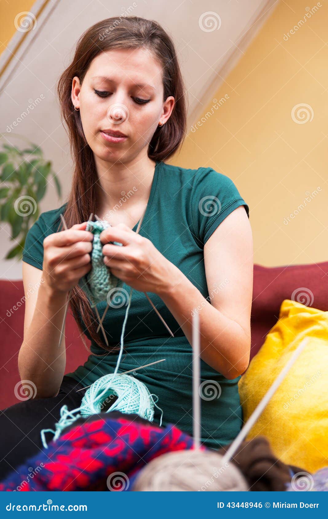 Woman on a Couch is Knitting Stock Photo - Image of close, knitting ...