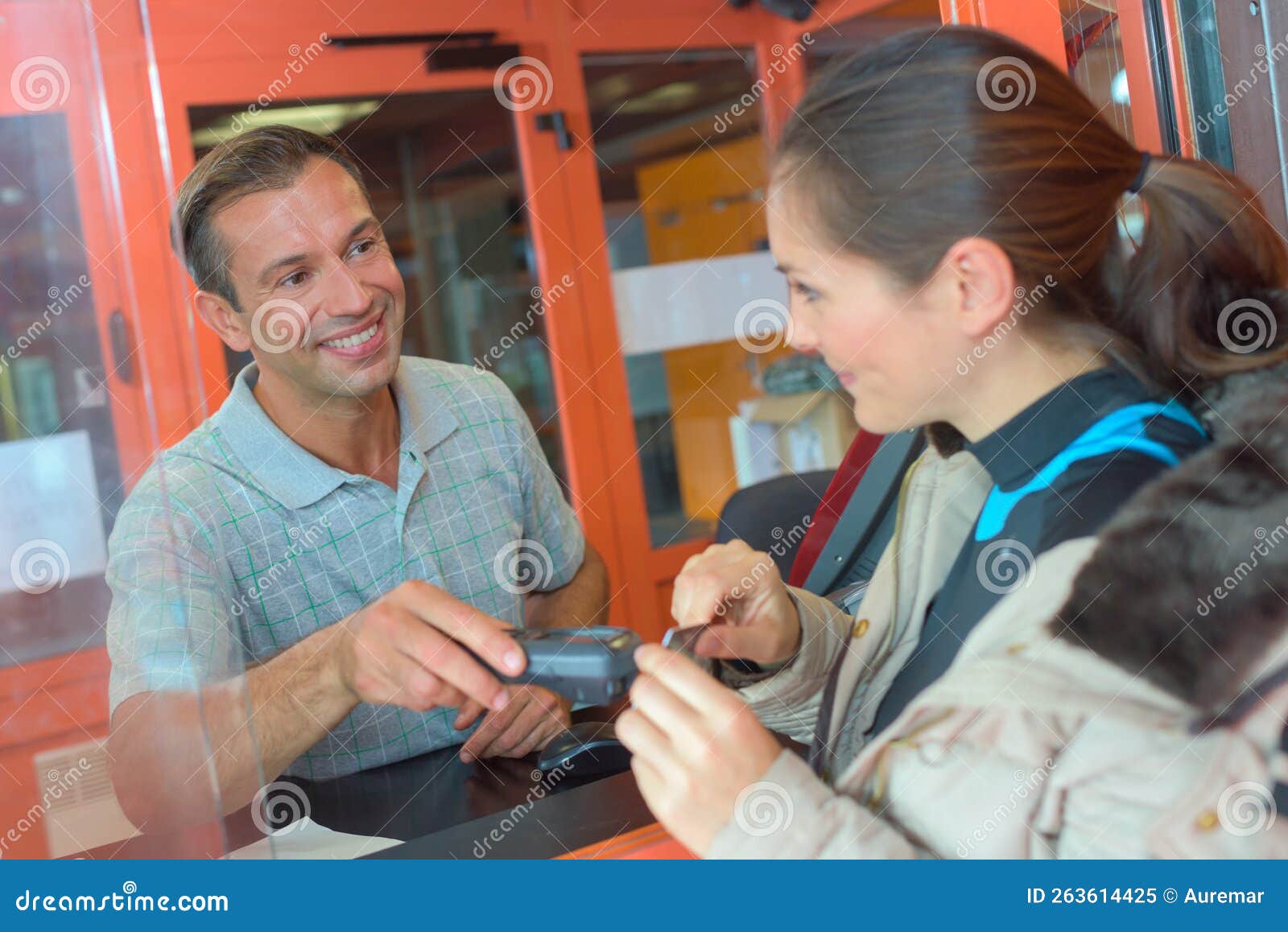 Woman at counter stock image. Image of desk, flirting - 263614425