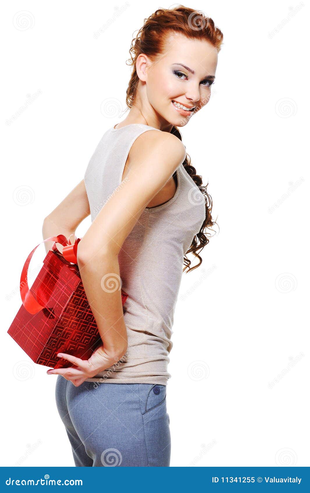 Woman Cover Up Behind Back the Christmas Present Stock Image - Image of ...