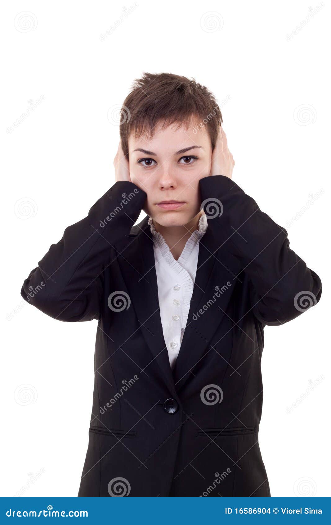 Woman covering her ears stock photo. Image of happy, looking - 16586904