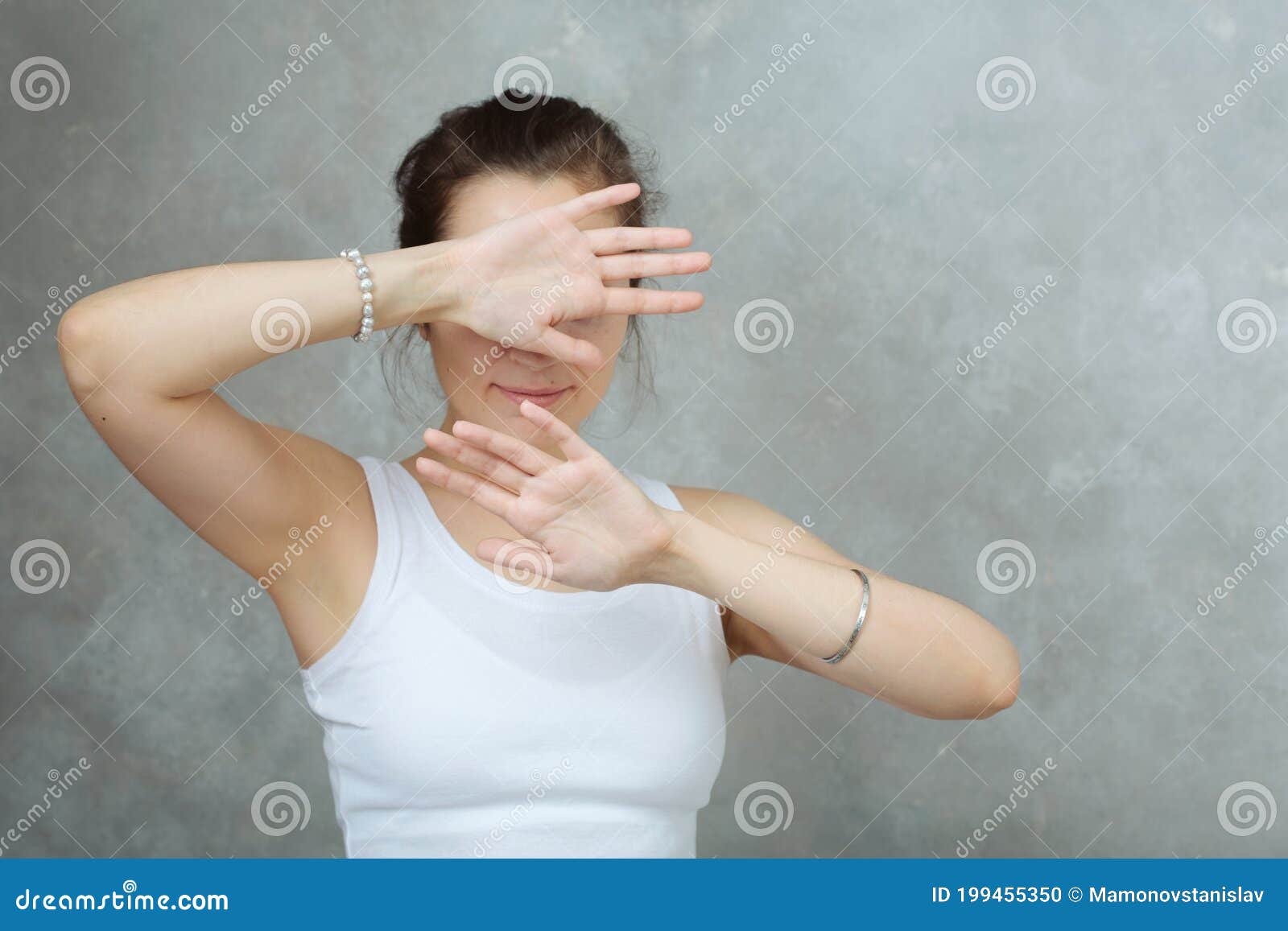 Woman Covers Face with Hands, Defending Himself Stock Photo - Image of ...