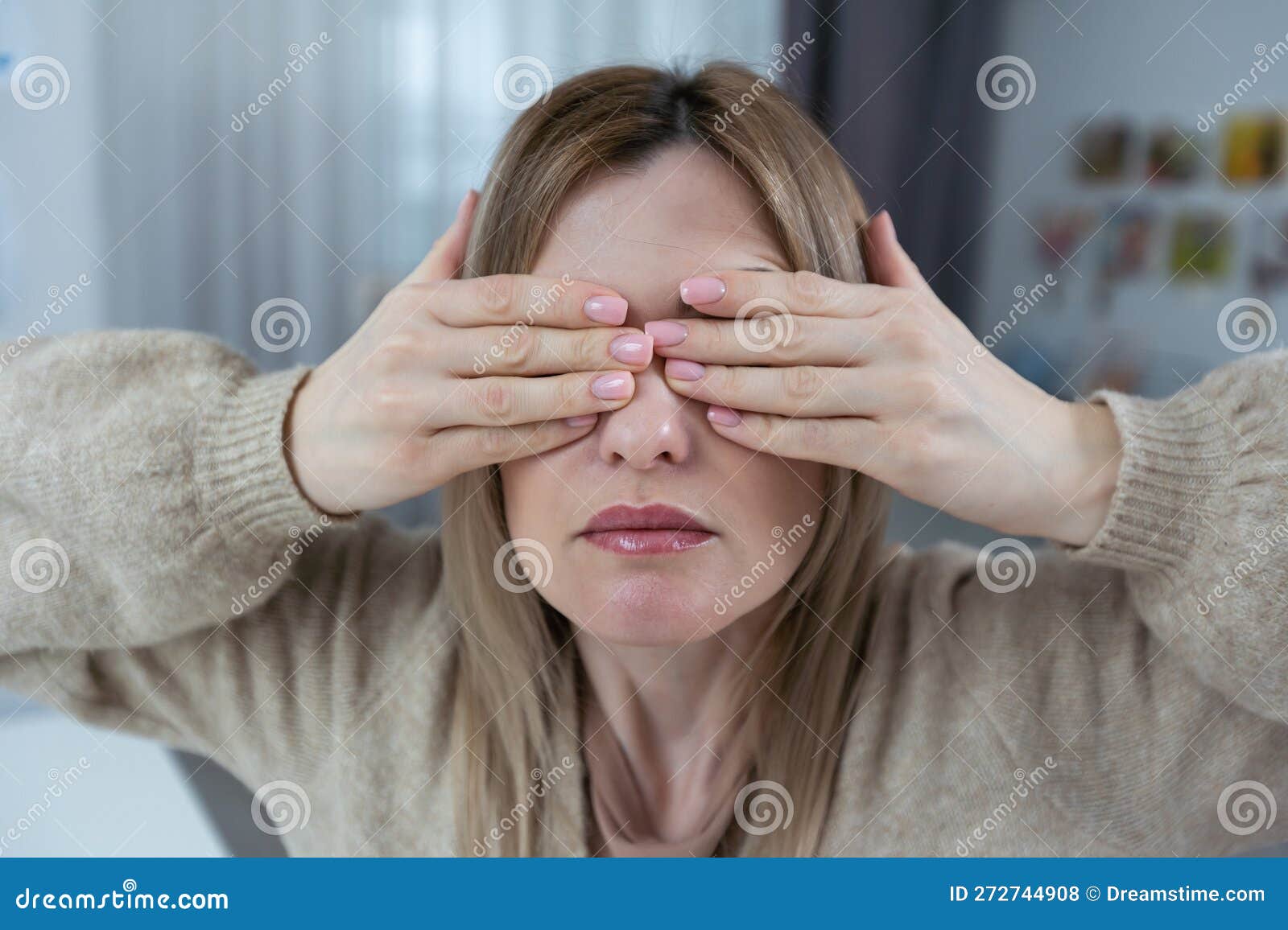 Woman Covers Her Eyes with Her Hands Stock Photo - Image of scared ...