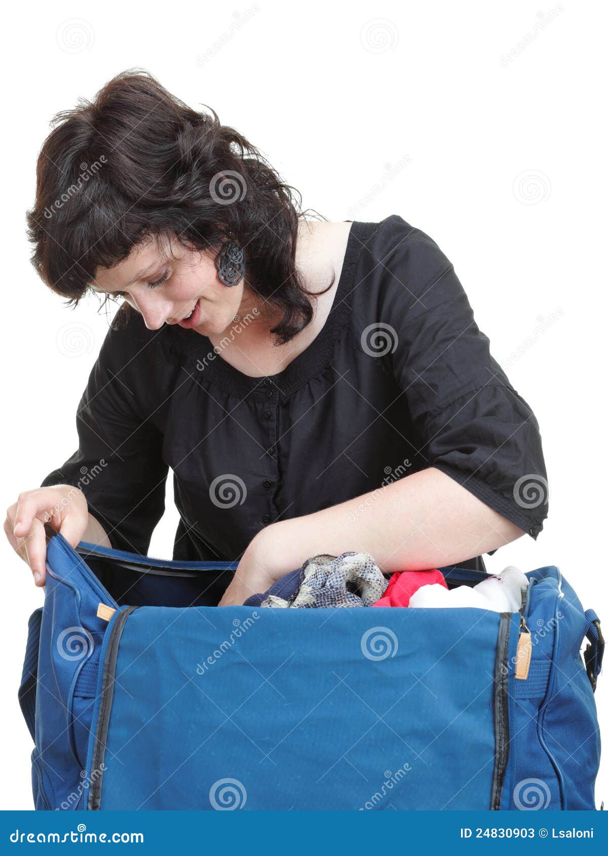Woman Crammed Full of Clothes into Bag Isolated Stock Image - Image of ...