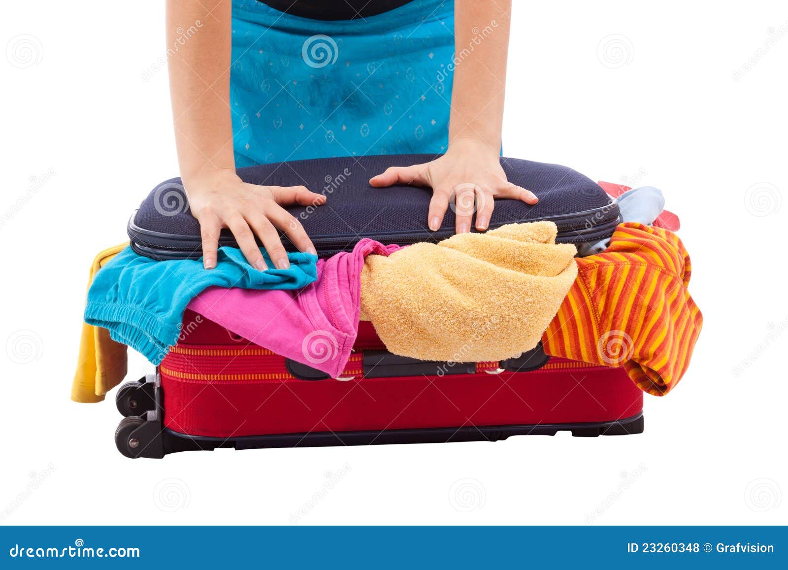 Woman Crammed Full of Clothes in Red Suitcase Stock Photo - Image of ...