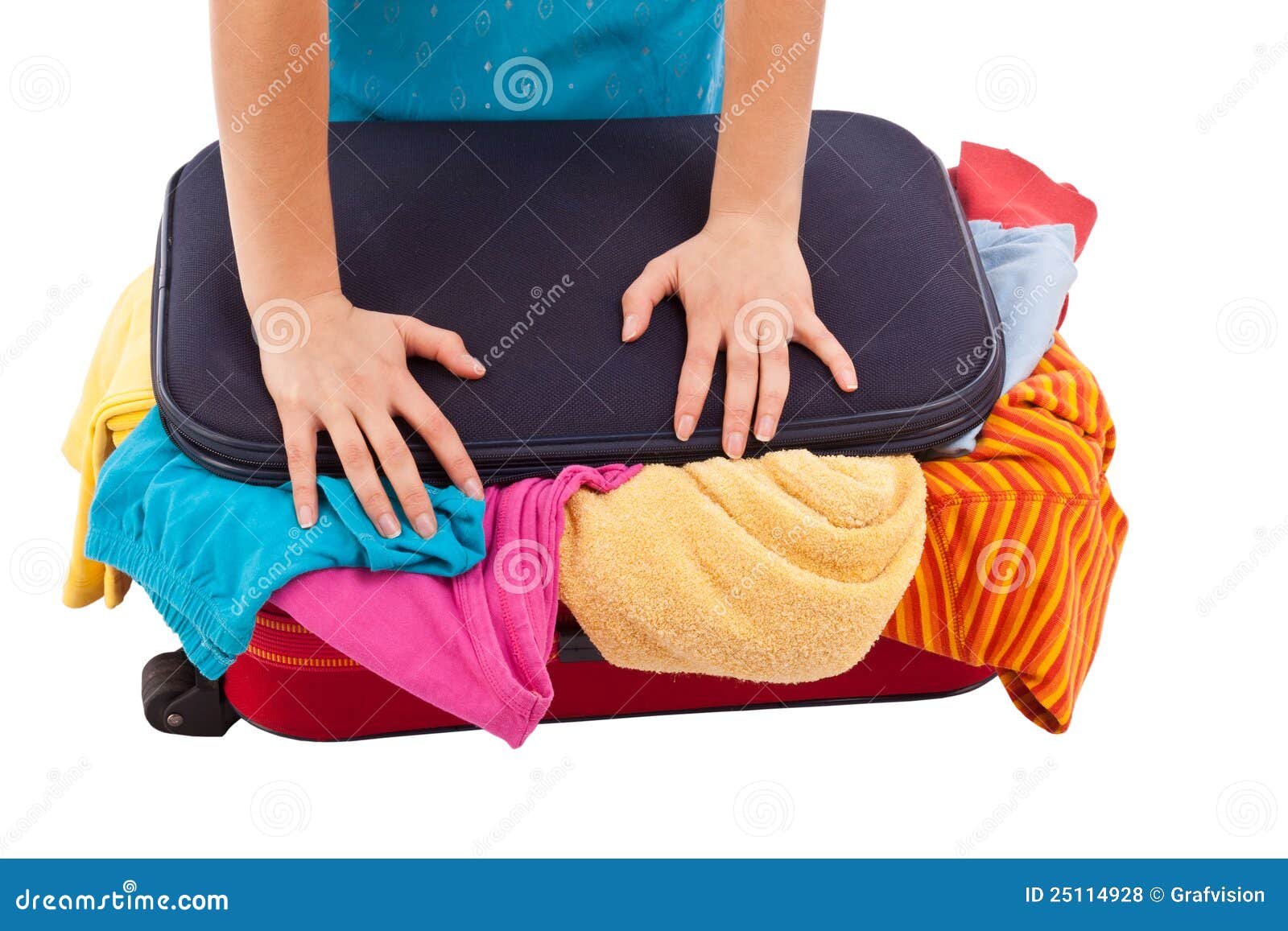 Woman Crammed Full of Clothes in Red Suitcase Stock Photo - Image of ...