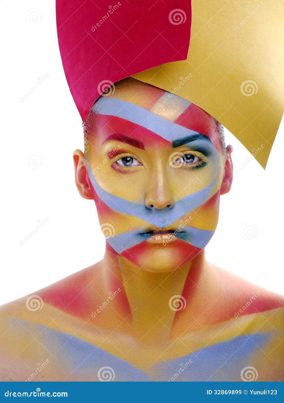 Woman with Creative Geometry Make Up, Tree Color Red, Yellow, Blue ...