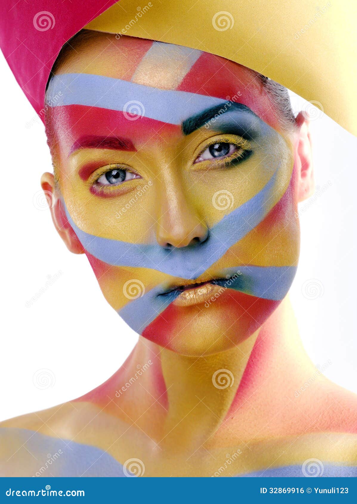 Woman with Creative Geometry Make Up, Tree Color Red, Yellow, Blue ...