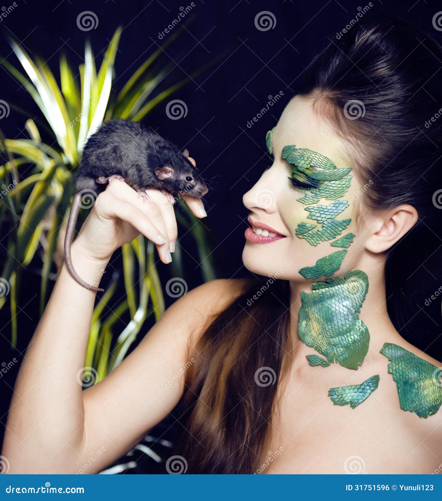 Woman with Creative Make Up Like Snake with Rat in Her Hands Stock ...