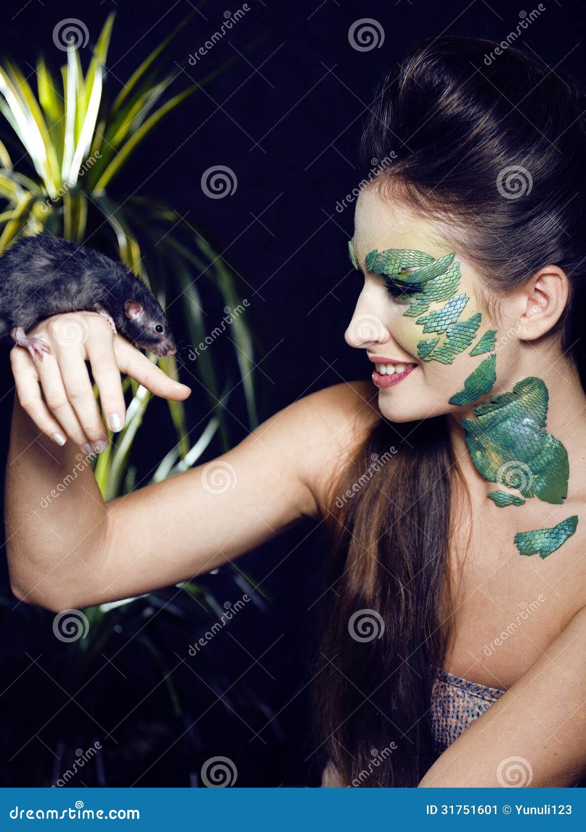 Woman with Creative Make Up Like Snake with Rat in Her Hands Stock ...