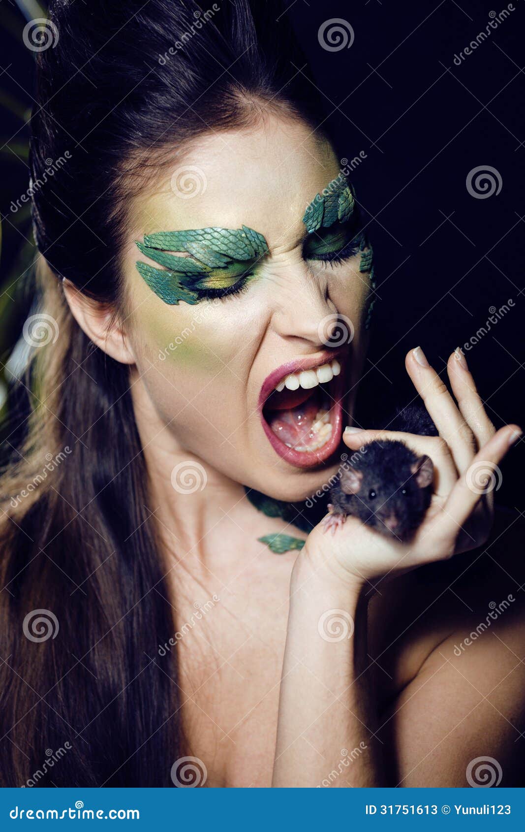 Woman with Creative Make Up Like Snake with Rat in Her Hands Stock ...