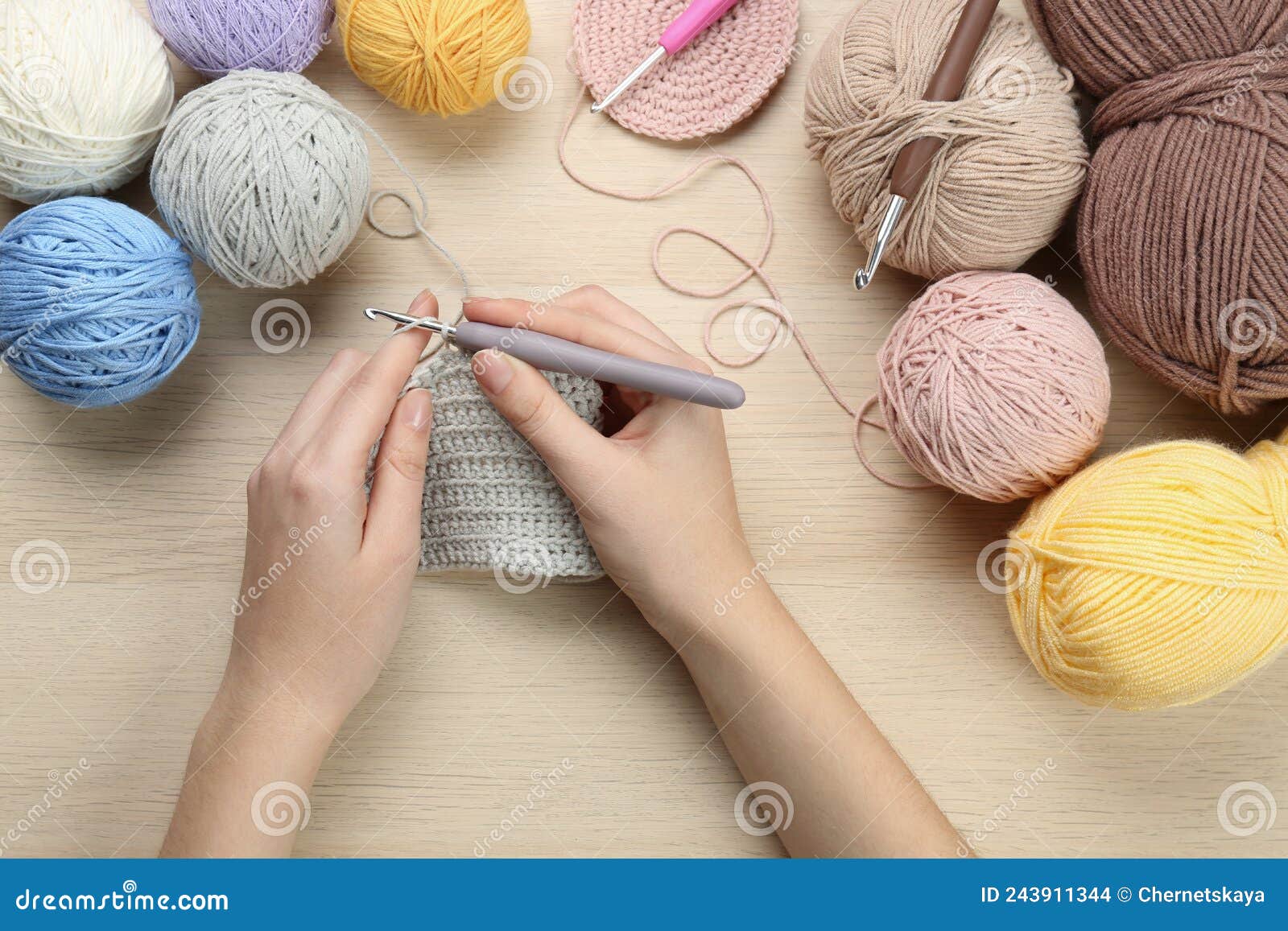 A Woman Crocheting White Lace Doily. Cotton Yarn, Top View Of Crochet ...