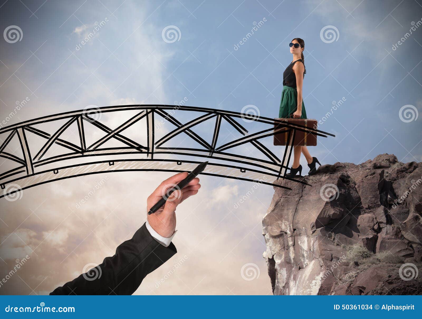 Woman crosses a bridge stock photo. Image of glasses - 50361034