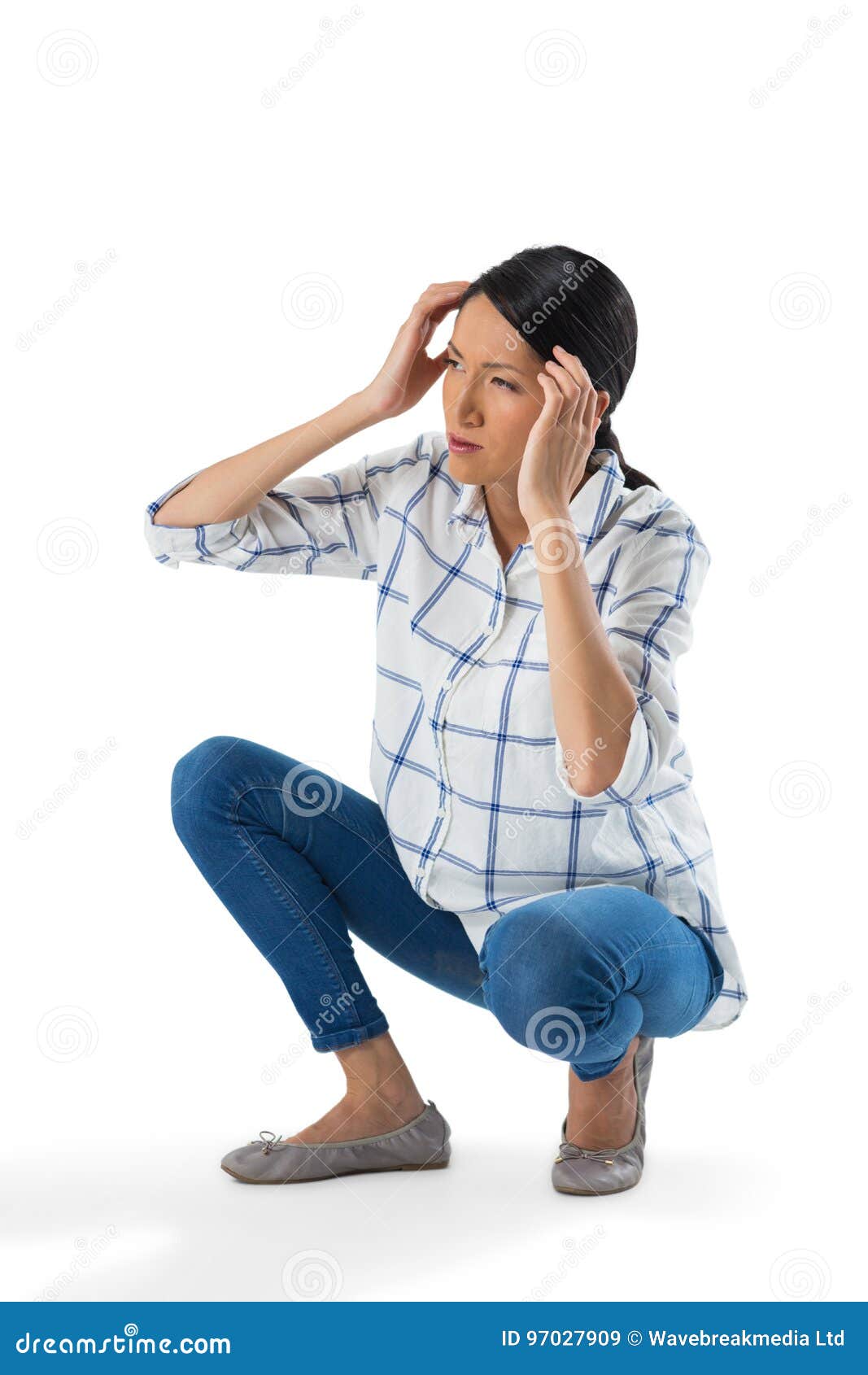 Woman Crouching Against White Background Stock Image - Image of shot ...
