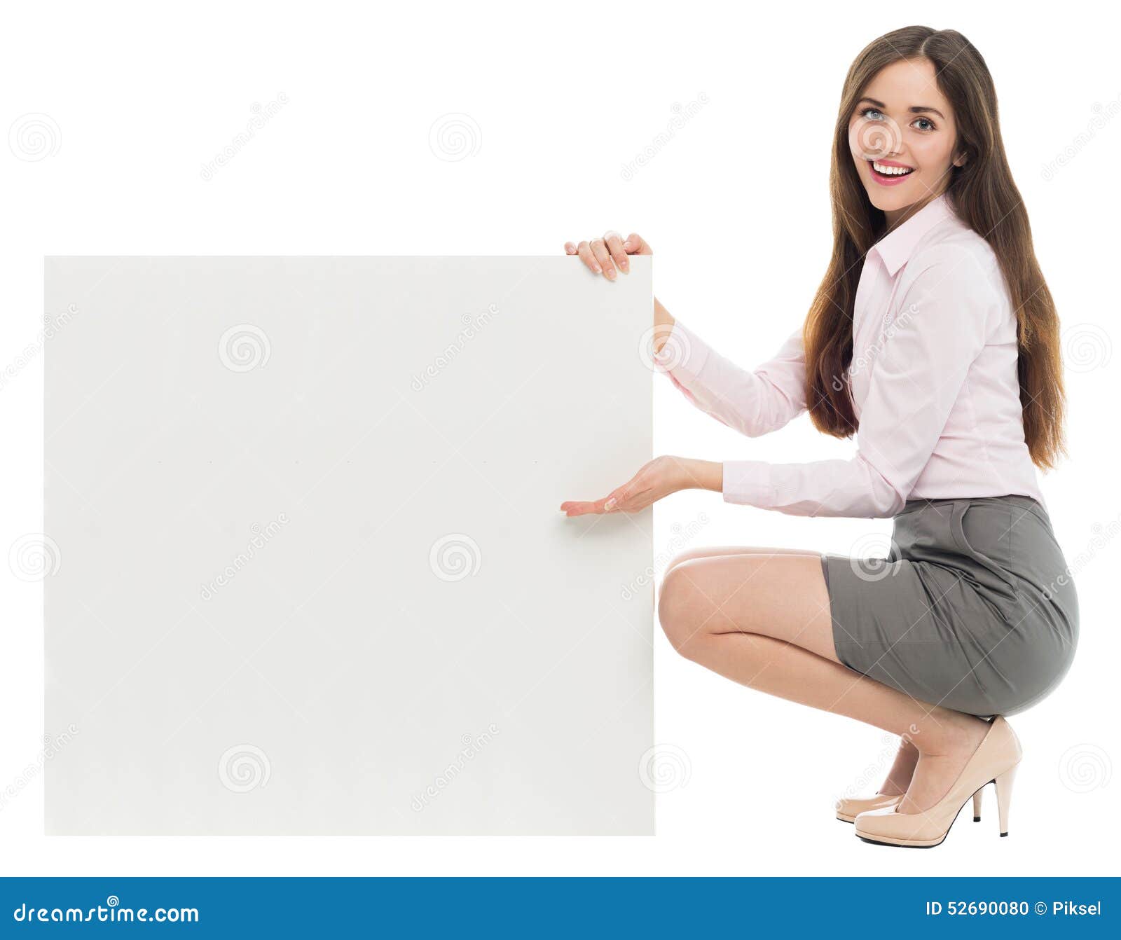 Woman Crouching Next To Blank Board Stock Photo - Image of crouching ...
