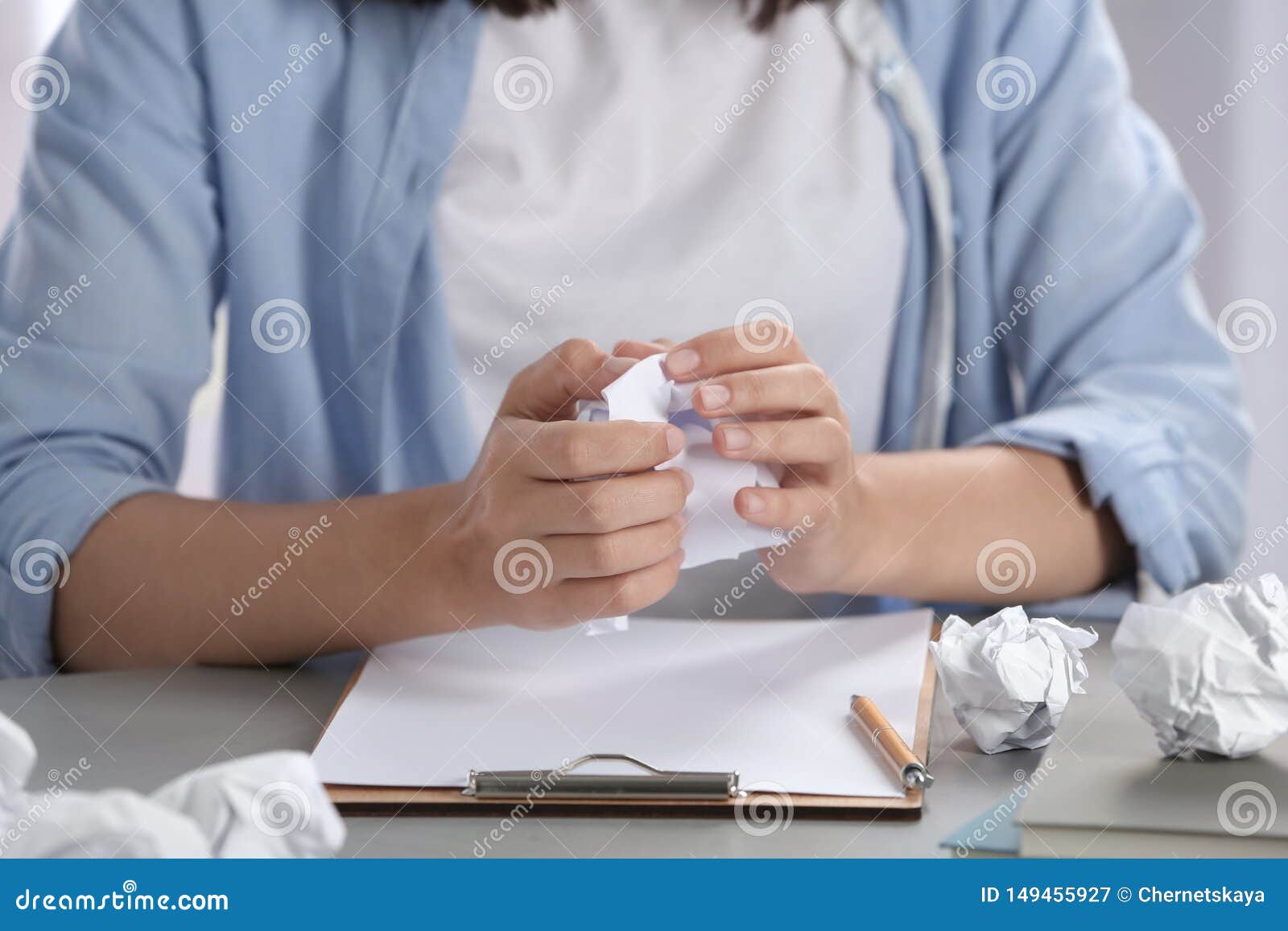 Woman Crumpling Paper at Table. Generating Idea Stock Image - Image of ...