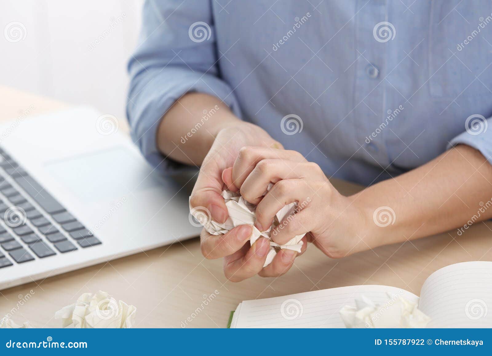 Woman Crumpling Paper at Table, Closeup. Idea Stock Photo - Image of ...