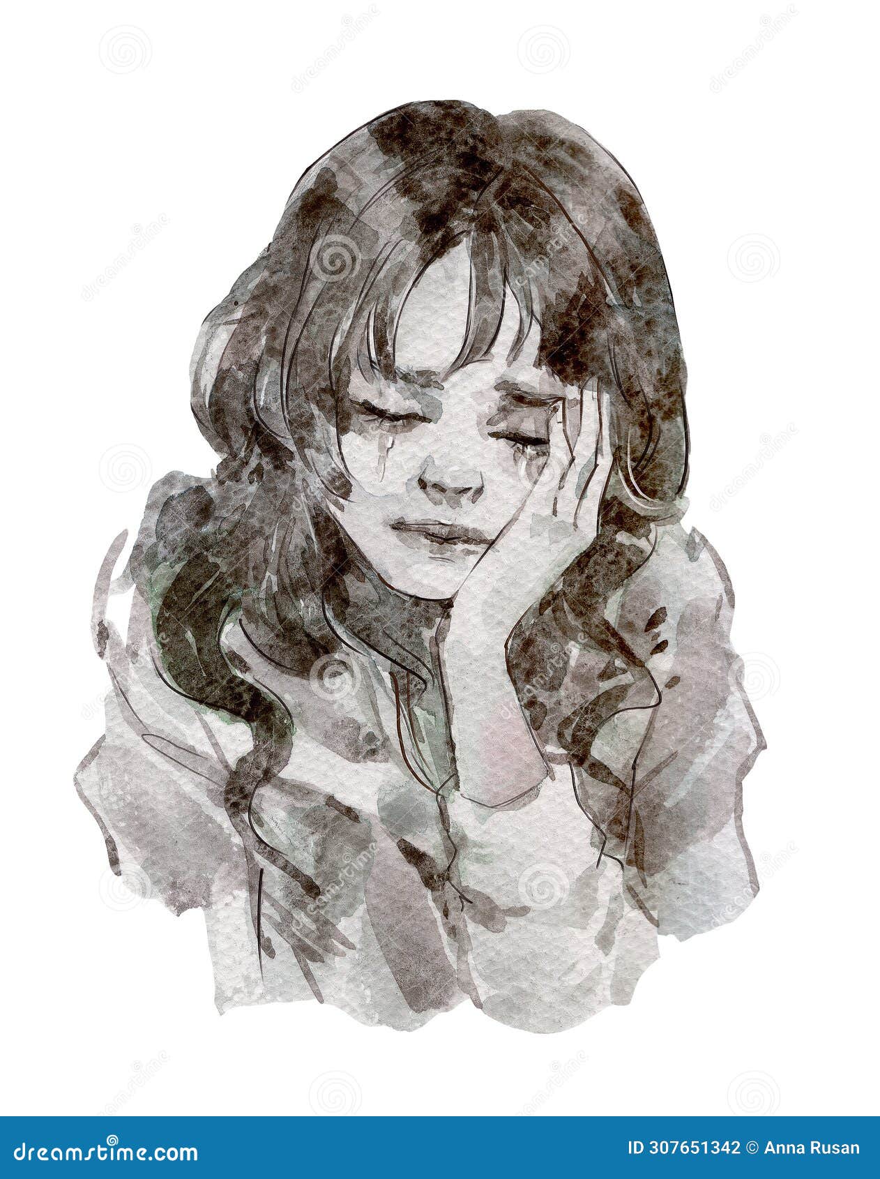 Woman Crying Alone Watercolor Art Stock Illustration - Illustration of ...