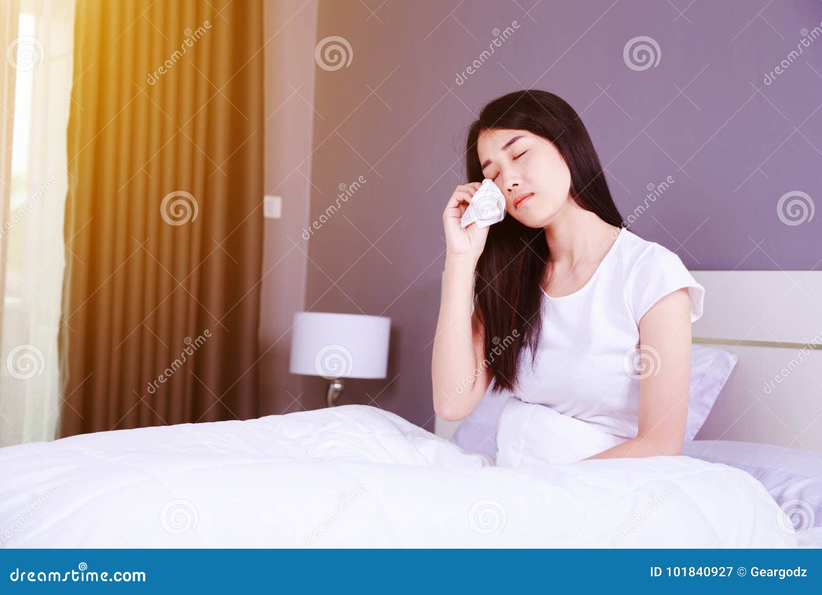 Woman is Crying on Bed in Bedroom Stock Image - Image of people, home ...
