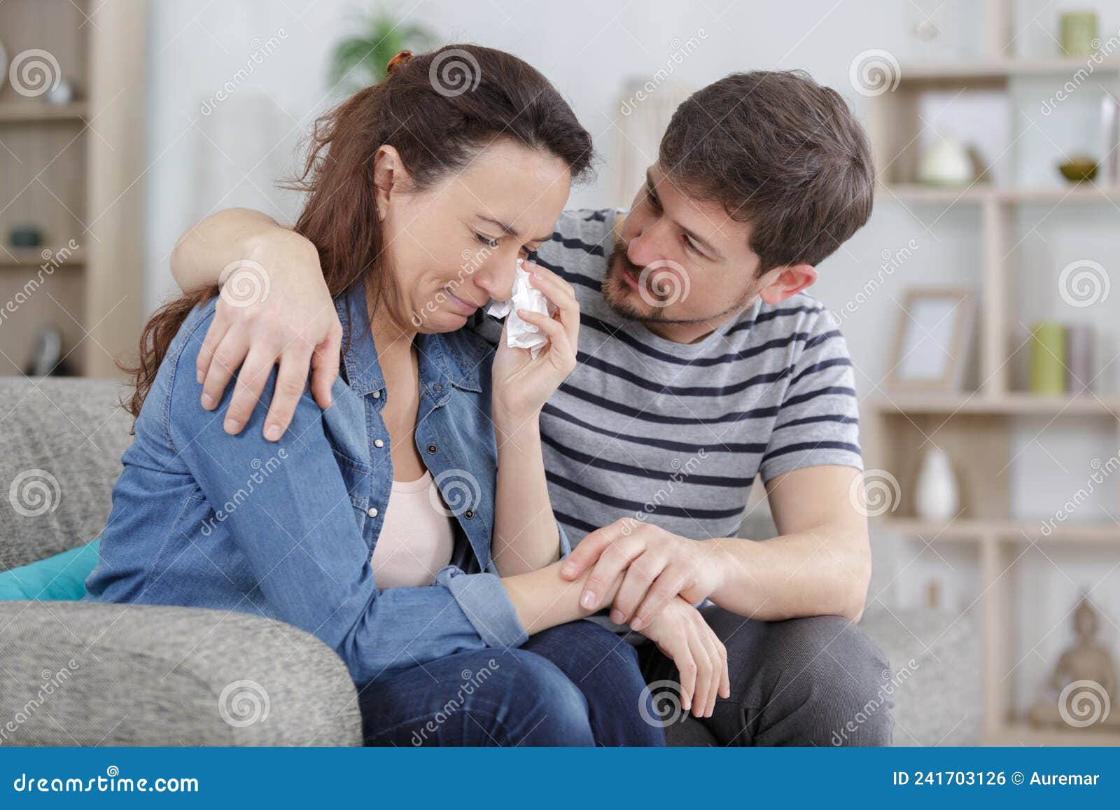 Woman Crying while Man Calming Stock Photo - Image of helping, crying ...
