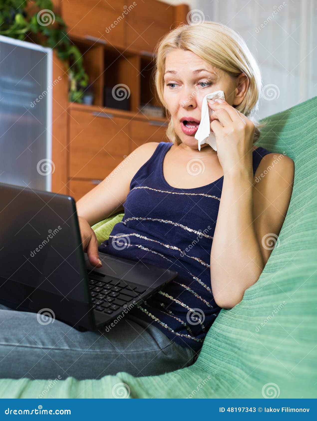 Woman Crying while Using Laptop Stock Image - Image of casucasian ...