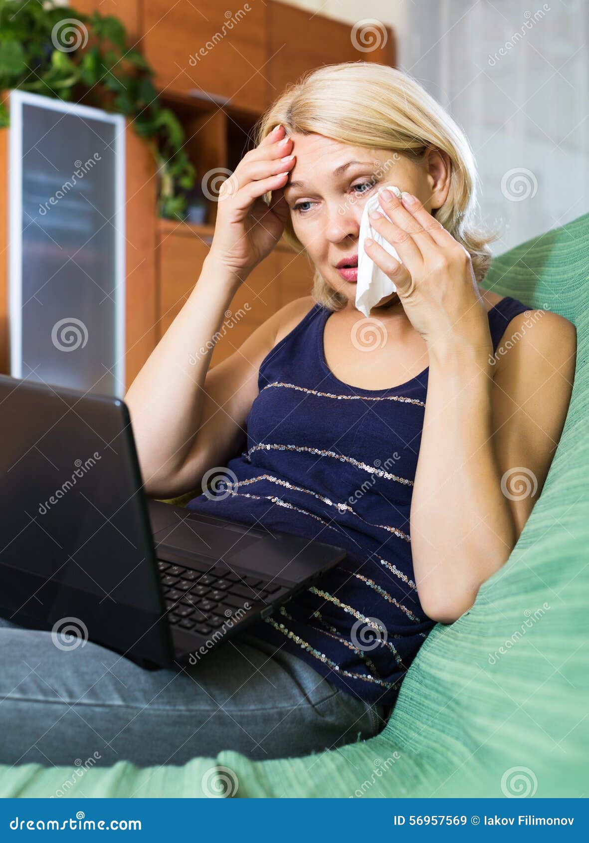 Woman Crying while Using Laptop Stock Image - Image of handkerchief ...