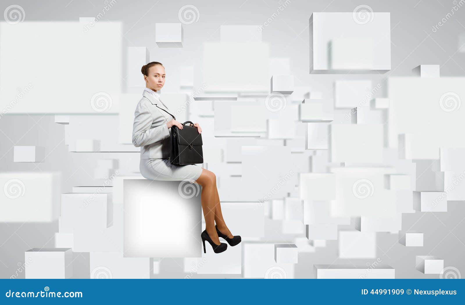 Woman on cube stock image. Image of finger, enter, collar - 44991909