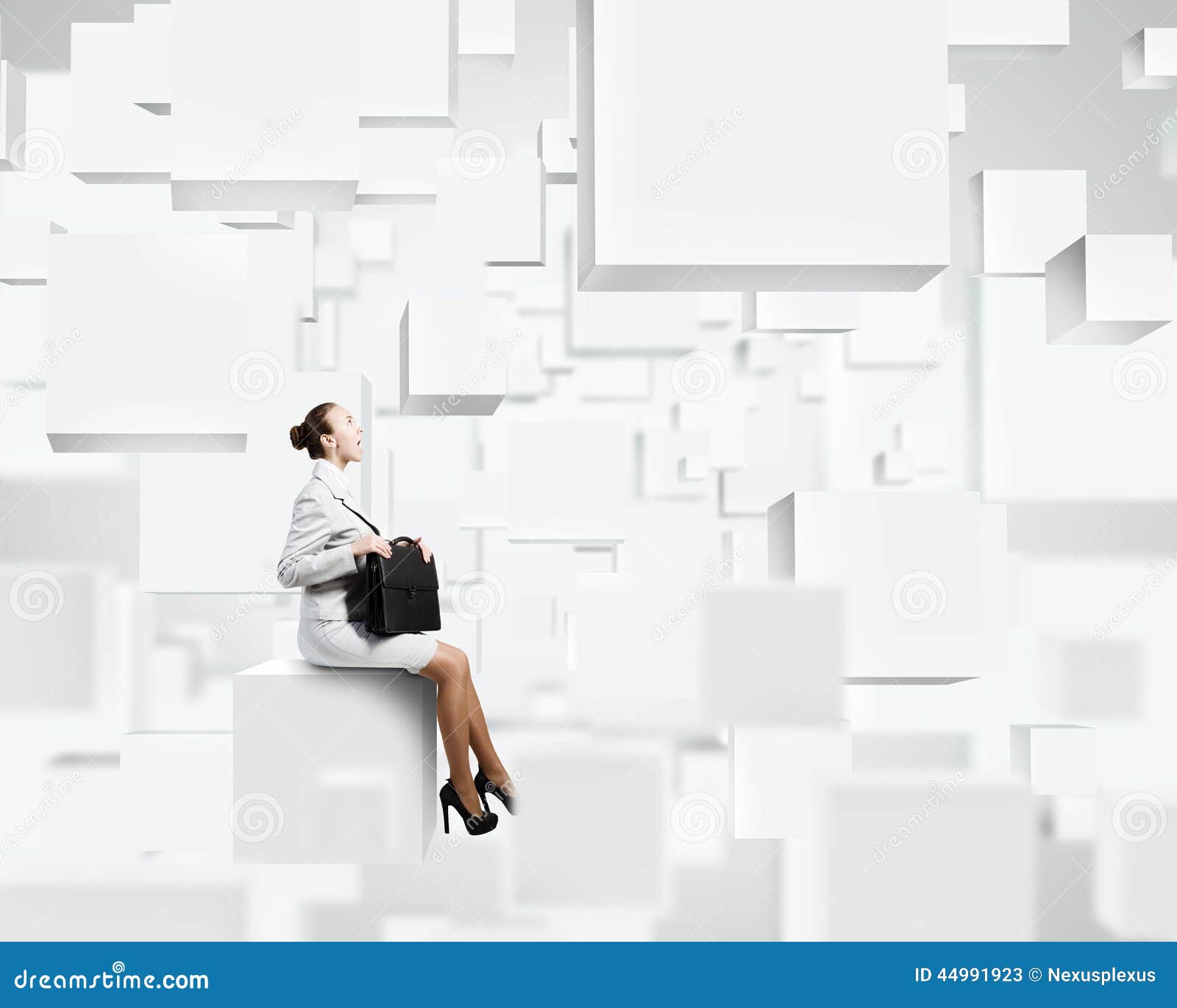 Woman on cube stock image. Image of hand, button, copy - 44991923