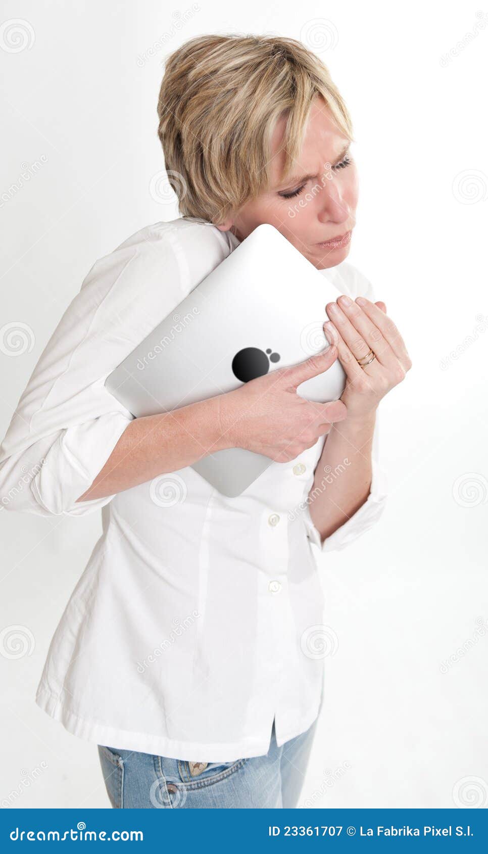 Woman Cuddling Her Pc Tablet Stock Image - Image of data, digital: 23361707