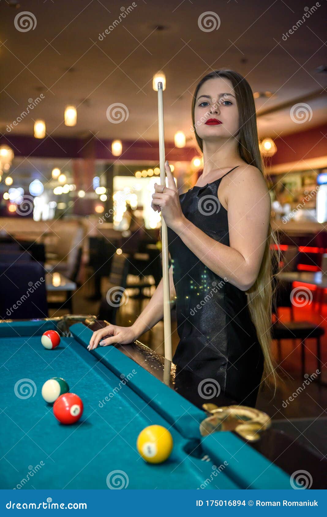 Woman with Cue Posing in Billiard Pub Stock Photo - Image of casual ...