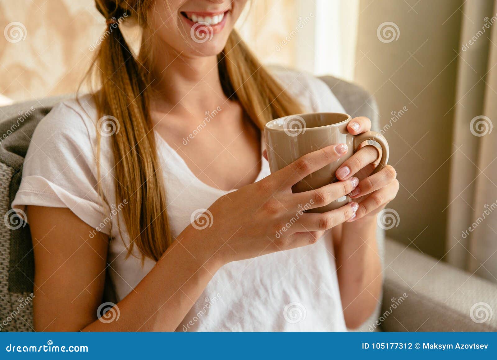 Woman with Cup of Tea in Hands at Home Stock Photo - Image of beautiful ...