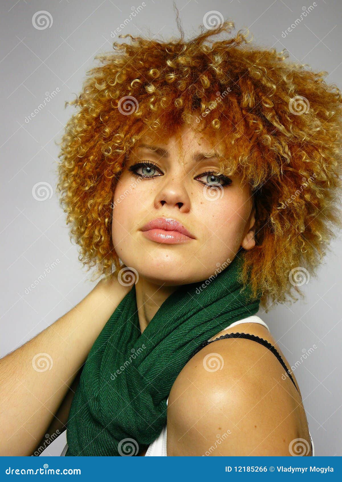 Woman with a Curly Cap on a Head Stock Photo - Image of lipstick, green ...