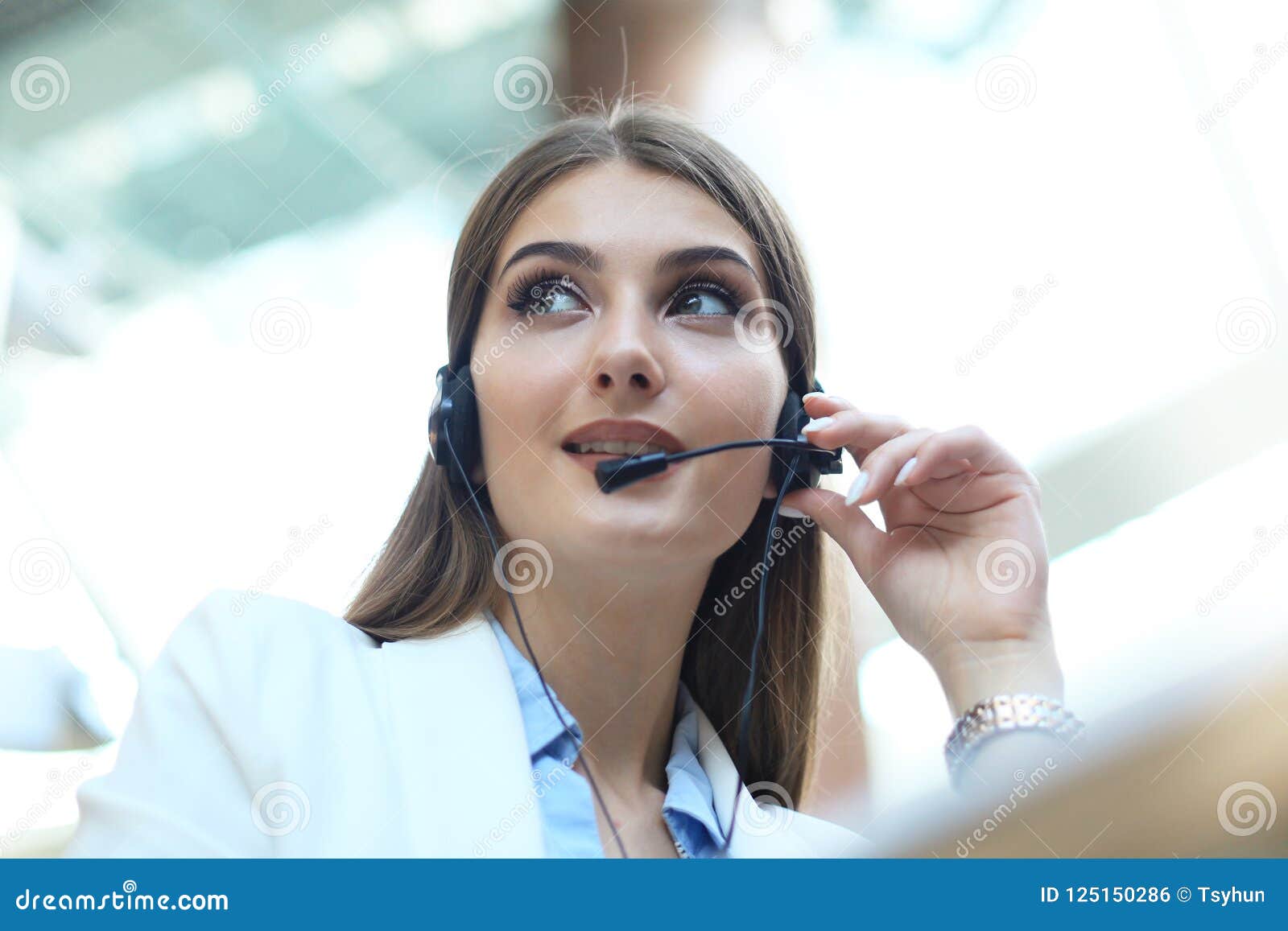 Woman Customer Support Operator with Headset and Smiling. Stock Photo ...