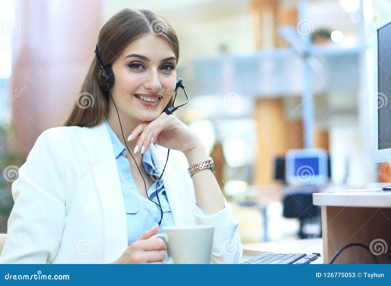 Woman Customer Support Operator with Headset and Smiling. Stock Image ...