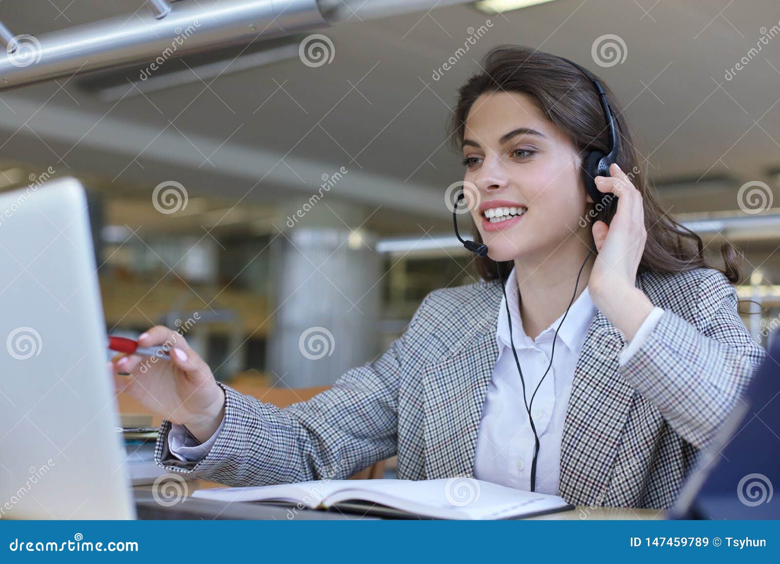 Woman Customer Support Operator with Headset and Smiling Stock Image ...