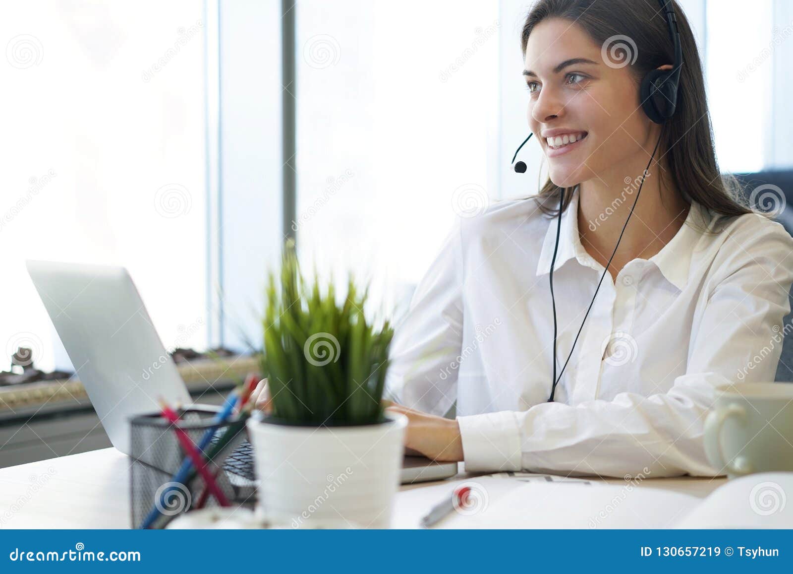 Woman Customer Support Operator with Headset and Smiling. Stock Image ...