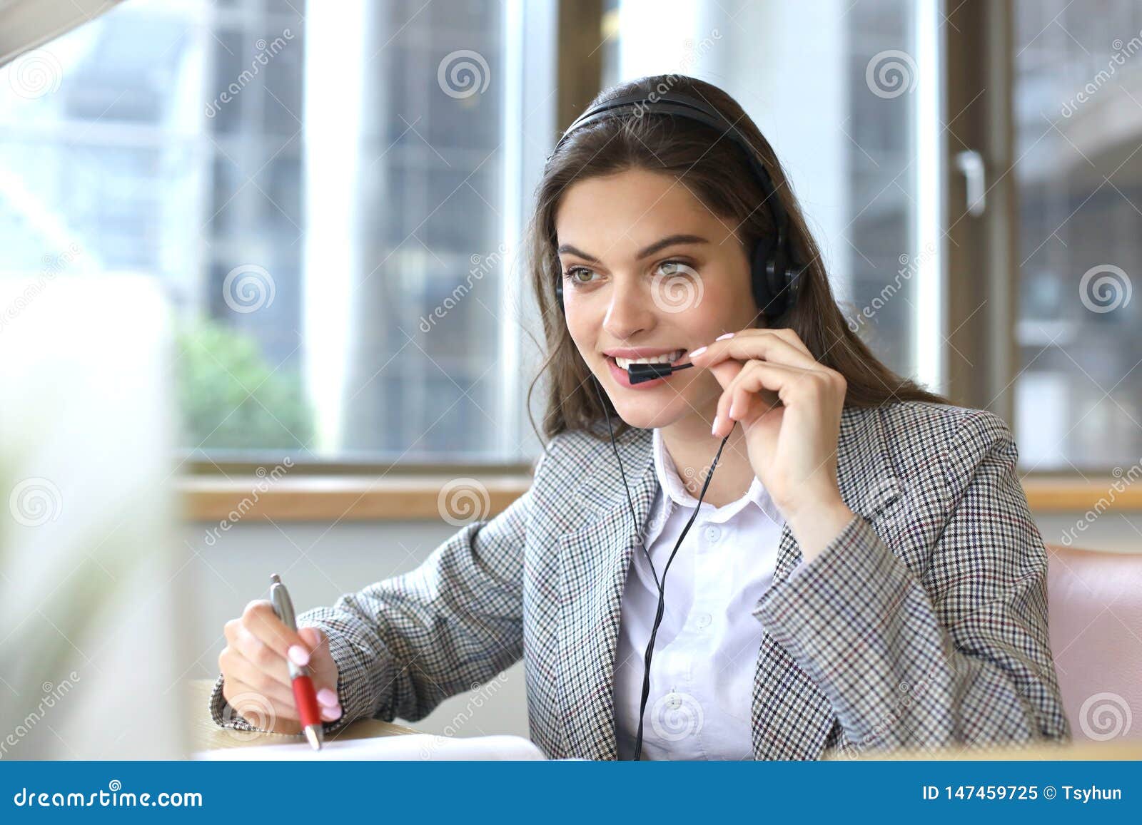 Woman Customer Support Operator with Headset and Smiling Stock Image ...