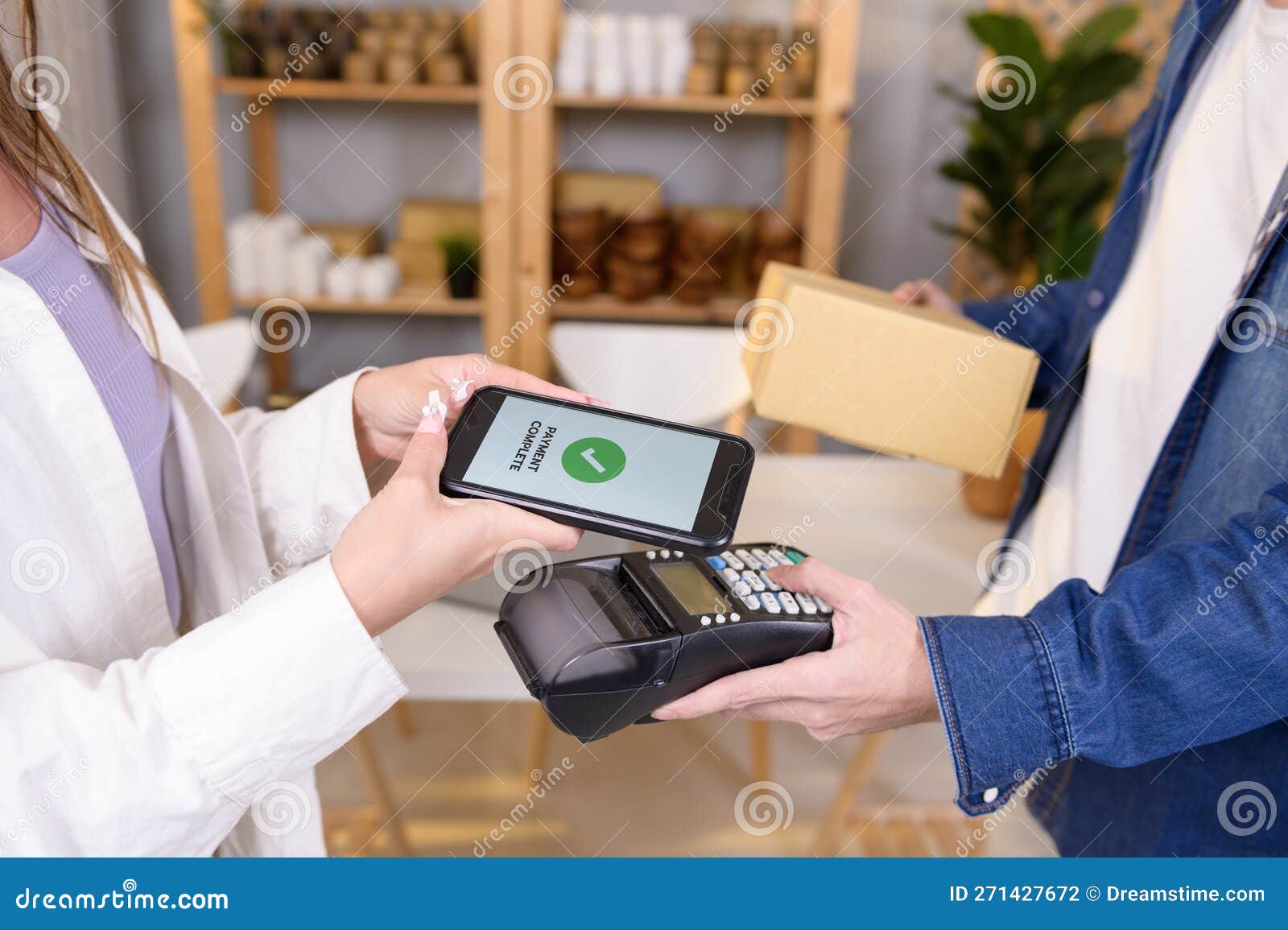 Woman Customer Using QR Code Payment Via Smartphone for Paying at Shop ...