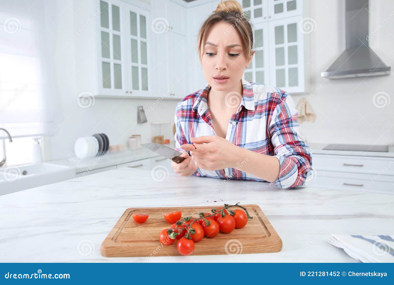 A Cut Of Finger While Cooking. Hand, Knife And Drops Of Blood On A ...