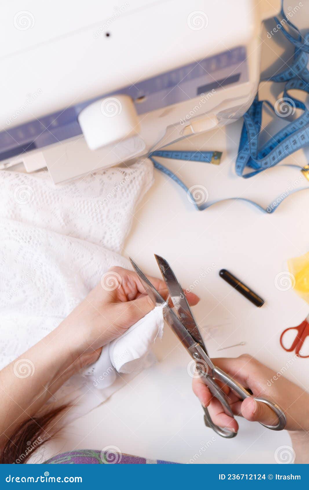 Woman Cuts Thread in Fabric Stock Photo - Image of household, housewife ...