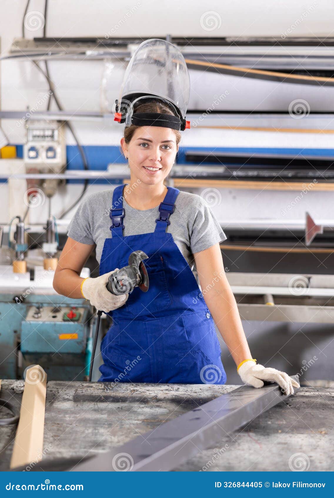 Woman Cutting Aluminum Profile for Windows Using Angle Grinder Stock ...