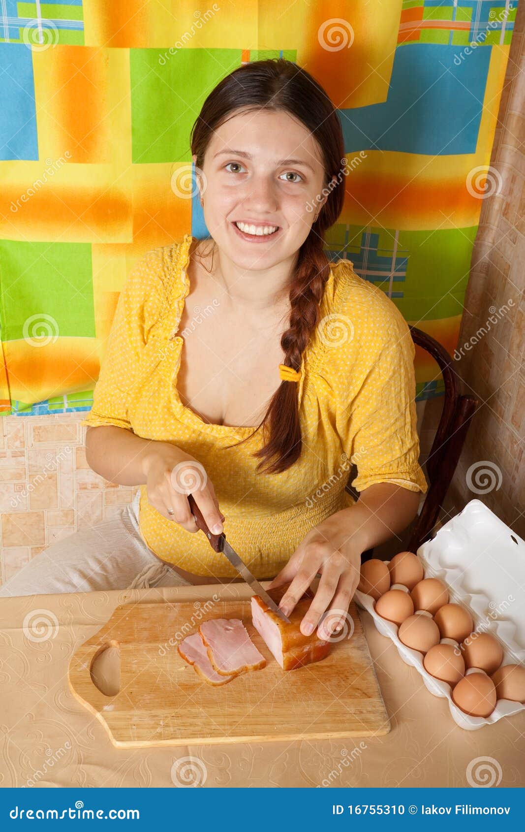 Woman Cutting Bacon on Cutting Board Stock Photo - Image of happy, cook ...