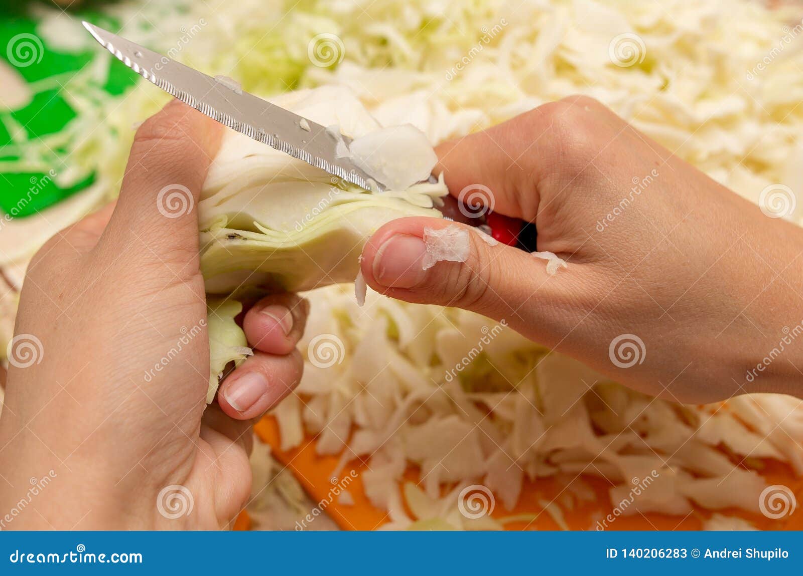Woman Cutting Cabbage with a Knife in the Kitchen Stock Image - Image ...