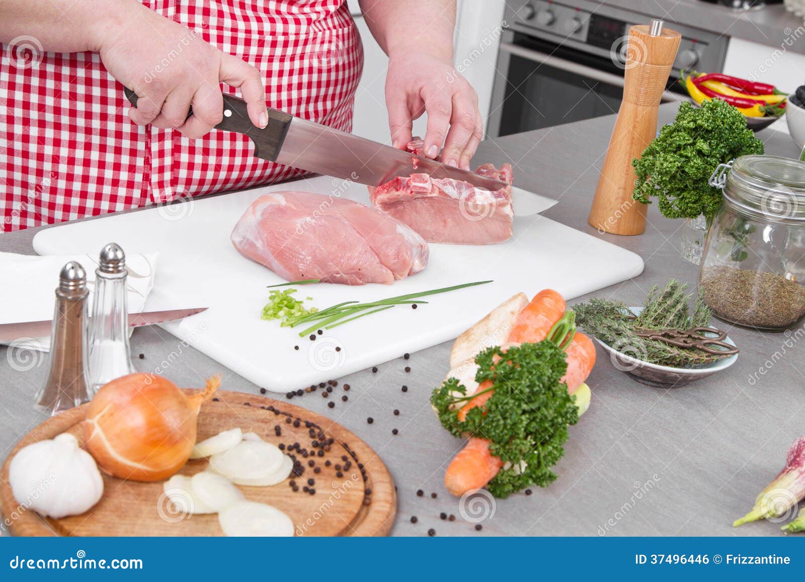 Woman Cutting Meat in the Kitchen - Pork. Stock Photo - Image of home ...