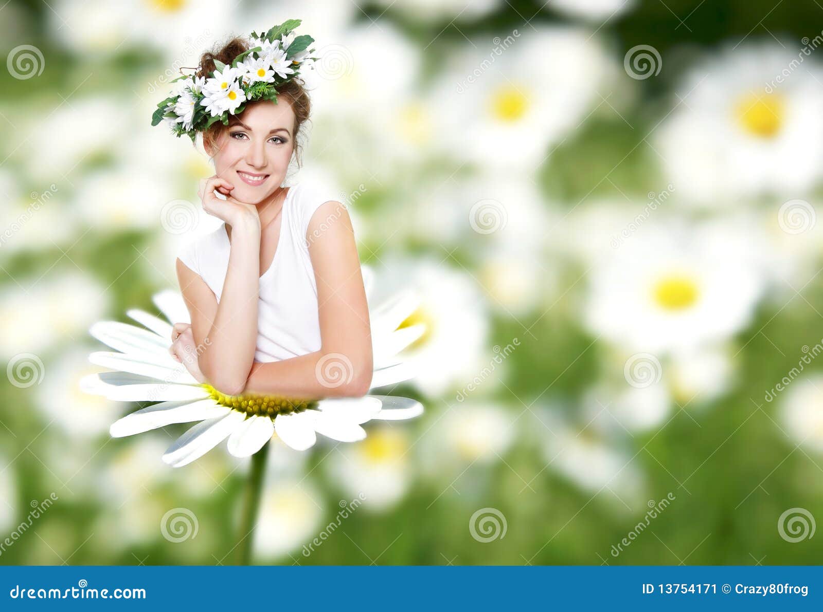 Woman on daisy flower stock image. Image of nature, adult - 13754171